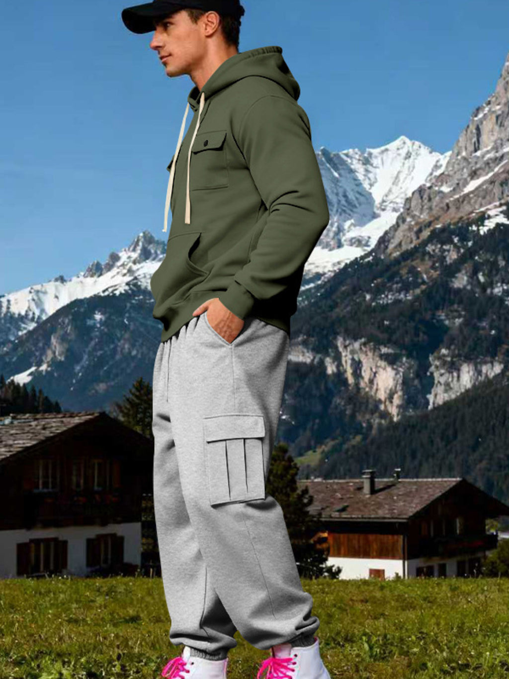 Men's Full Size Kangaroo Pocket Hoodie and Sweatpants Two-Piece Set Pl ...